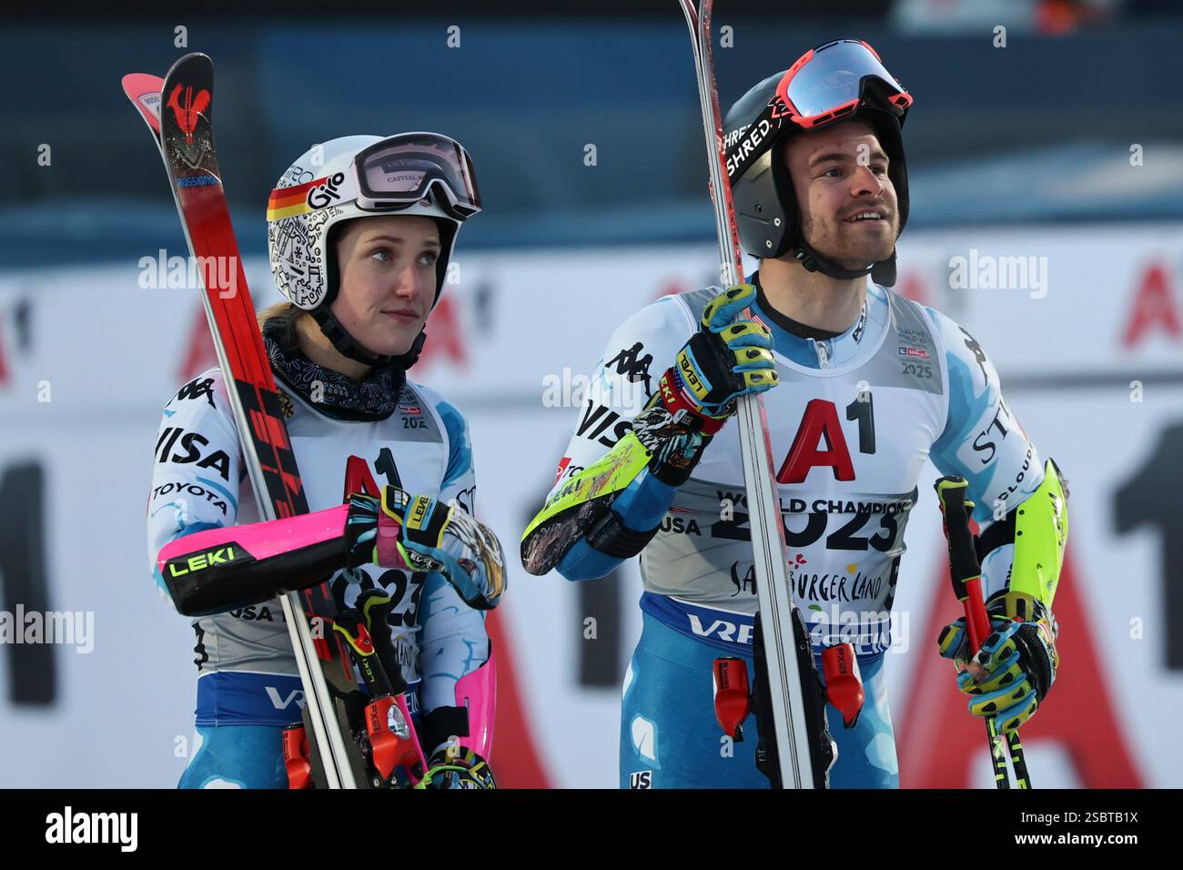United States' Nina O Brien, left, and Isaiah Nelson react during an ...