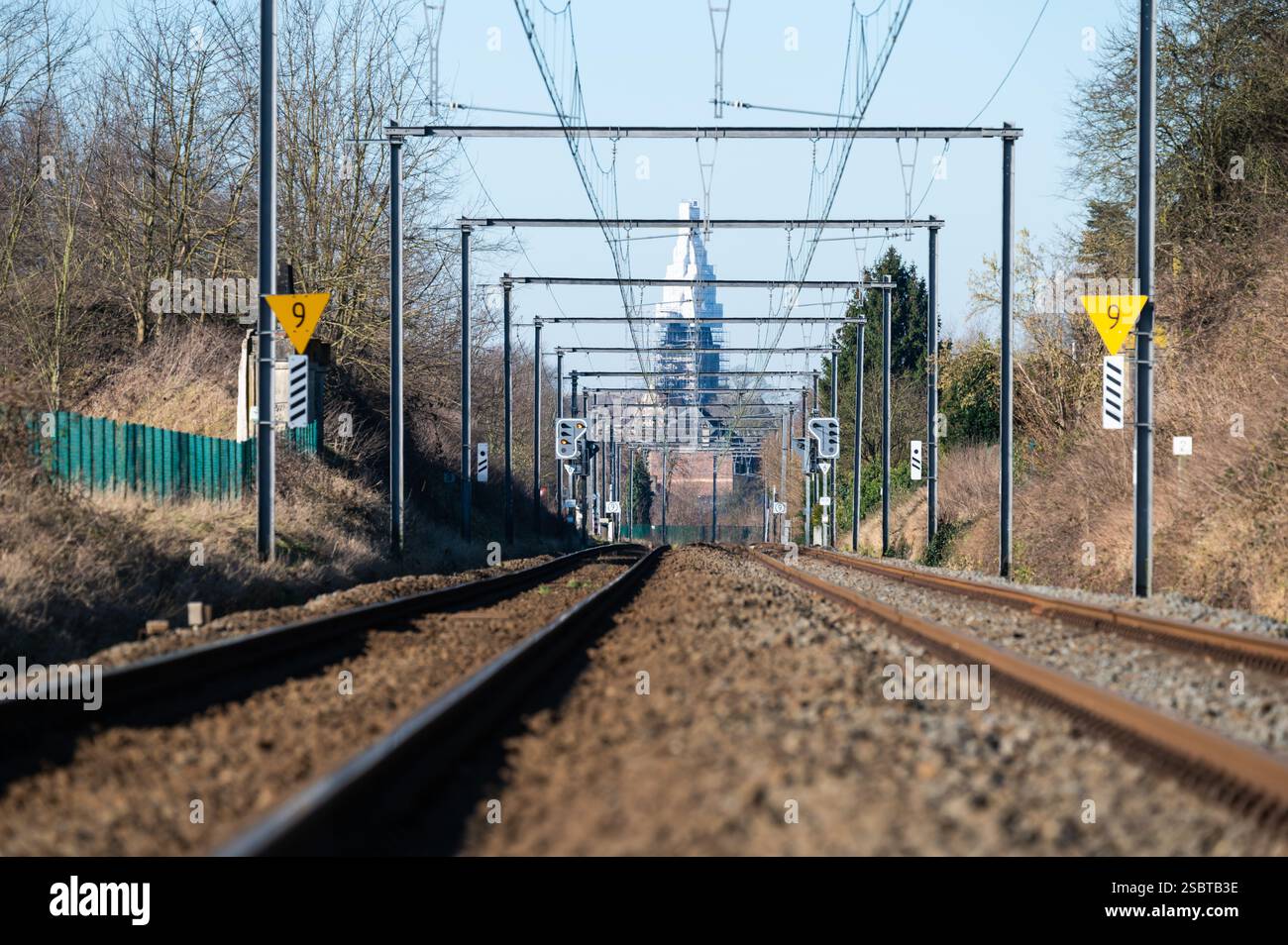 Double railway tracks of a local line at the Belgian countryside, Asse ...