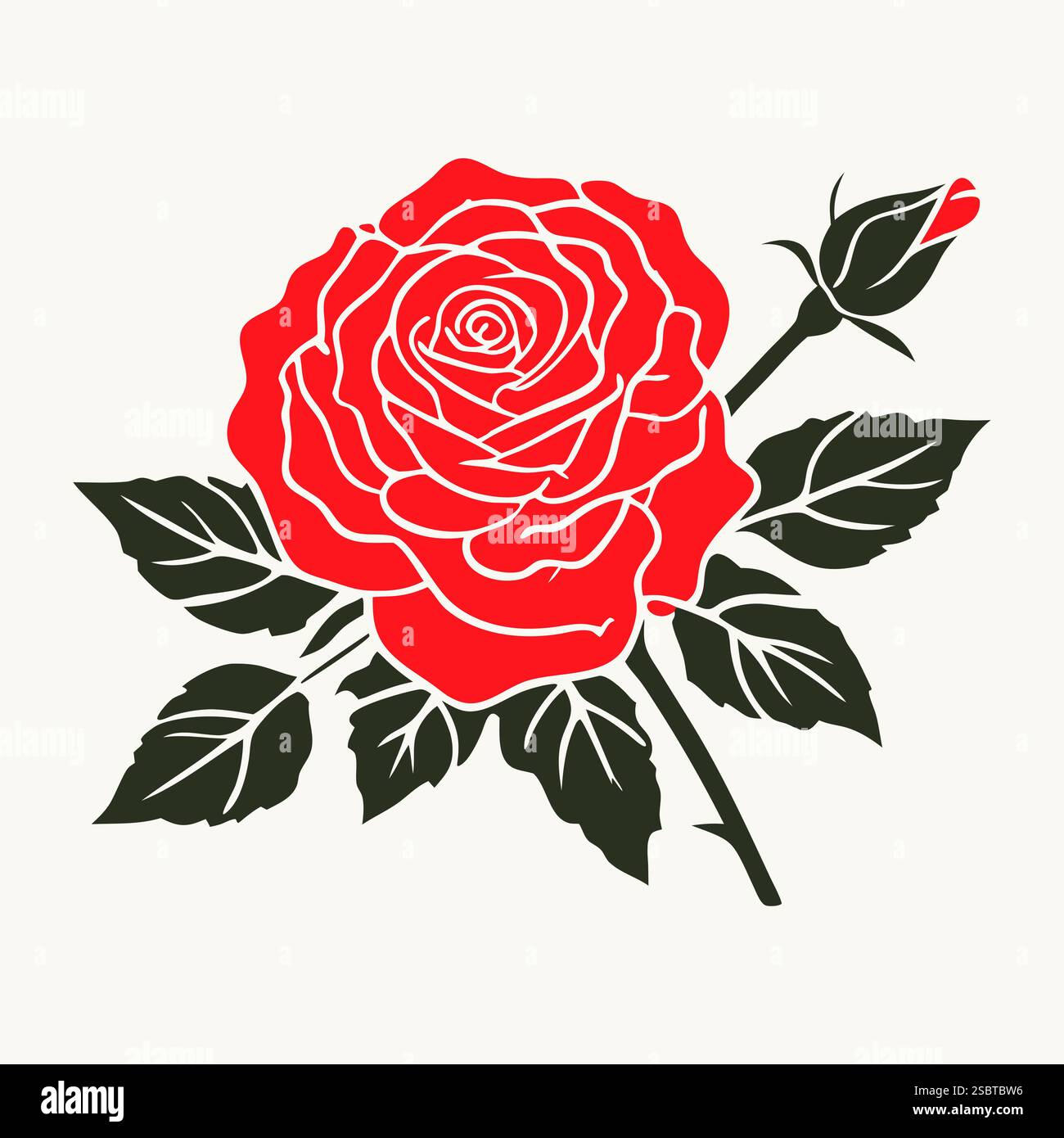 A stylized red rose with leaves and a small bud on light background ...