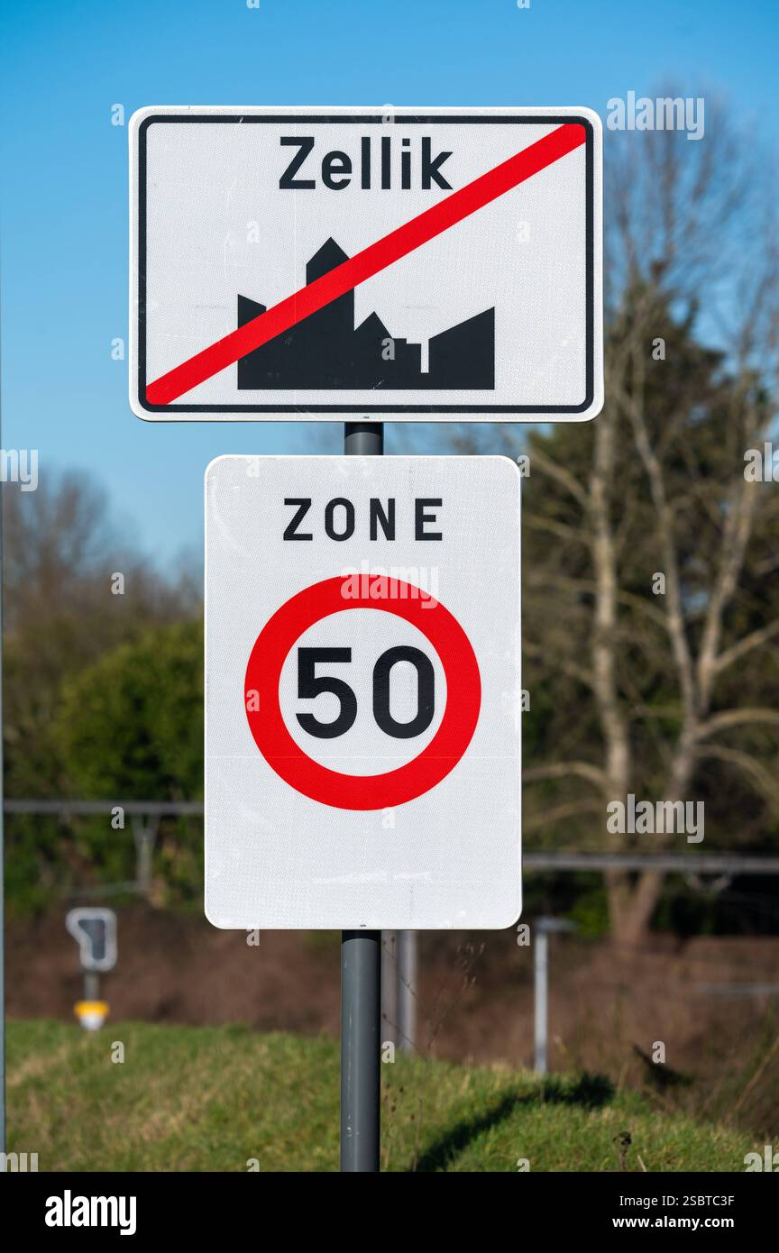 Traffic regulation sign of an urban zone 50 in Zellik, Flanders ...