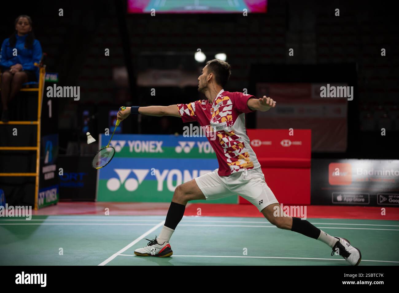 Kenta Nishimoto (Japan) compete against Lakshya Sen (India) in the men's singles at the 2023 BWF ...