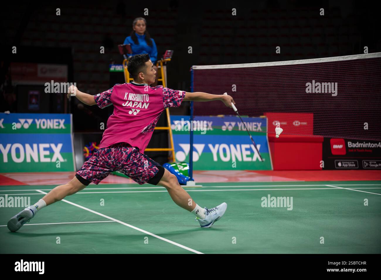 Kenta Nishimoto (Japan) compete against Lakshya Sen (India) in the men's singles at the 2023 BWF ...