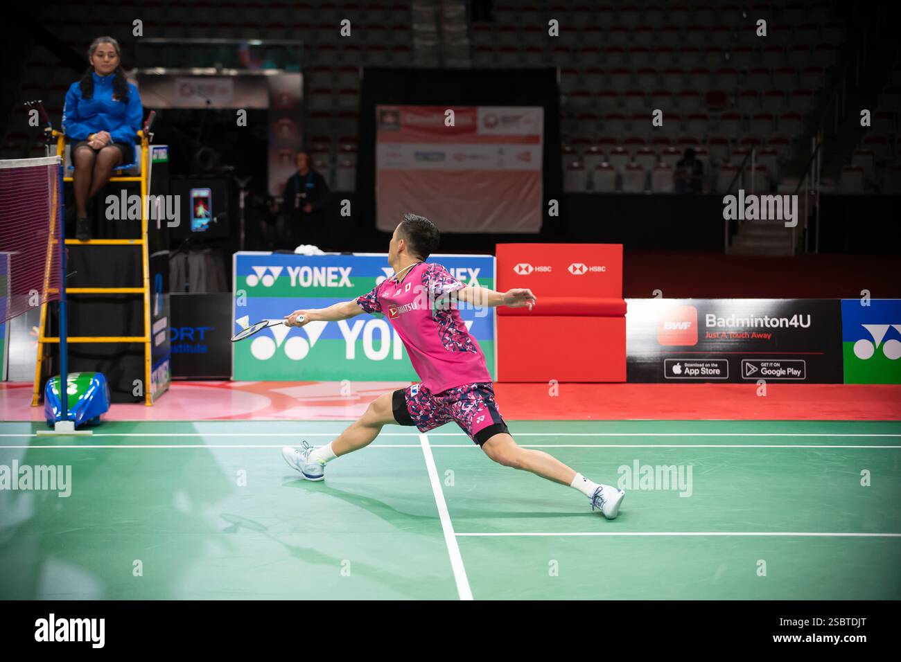 Kenta Nishimoto (Japan) compete against Lakshya Sen (India) in the men's singles at the 2023 BWF ...