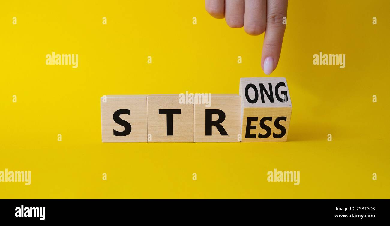 Strong Stress symbol. Businessman Hand points at turned wooden cubes ...