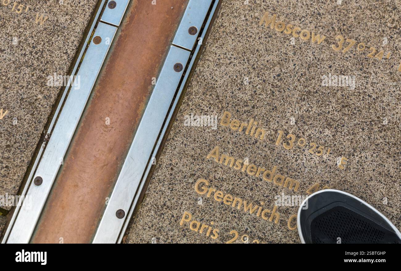 Great close-up view of the Greenwich Prime Meridian marked by the brass ...