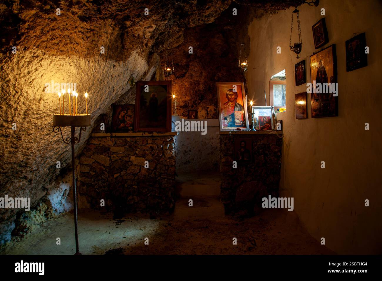 Interior of the rock-carved chapel of Saint John (Agios Ioannis) in ...