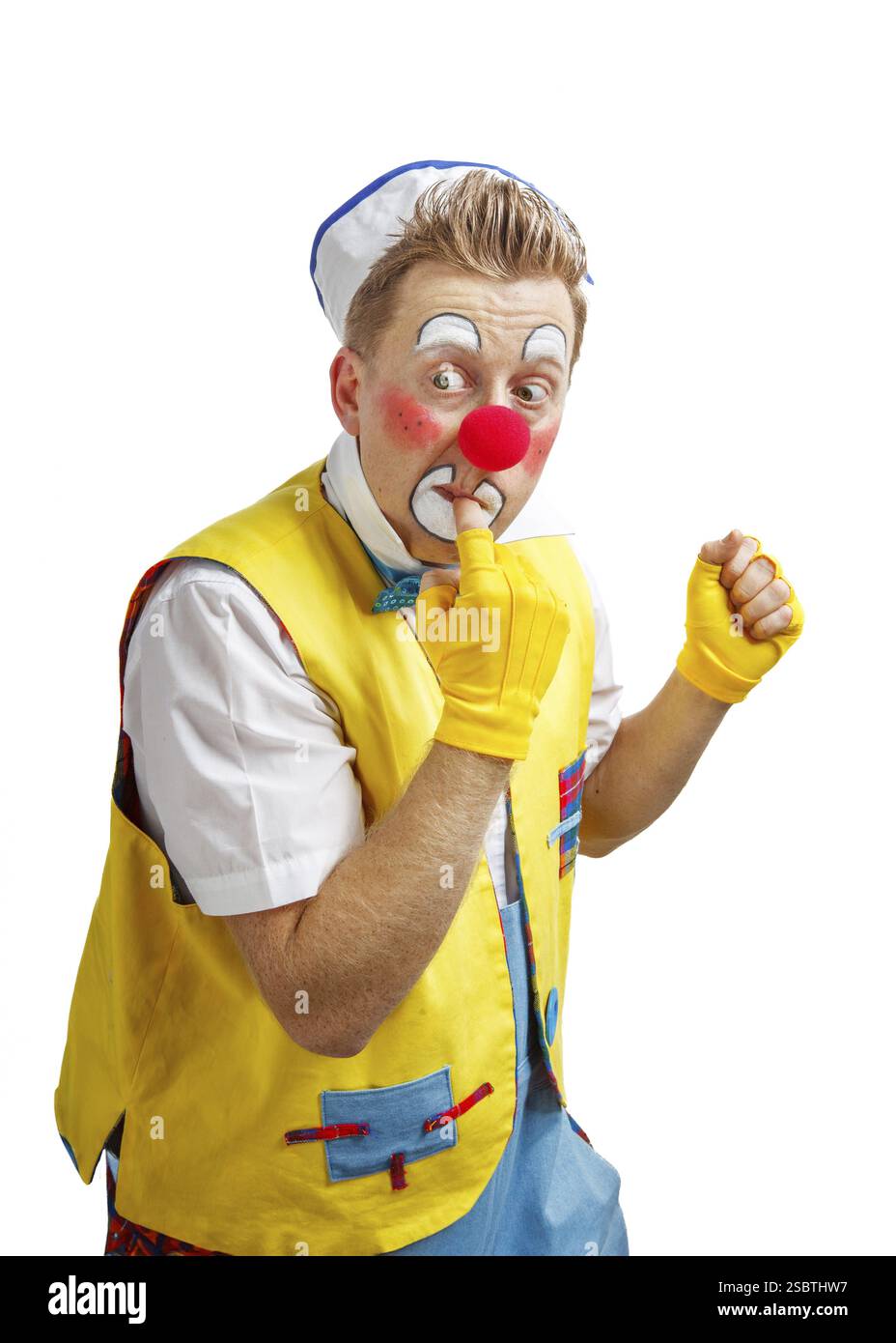 A funny clown with smiling joyful expression, isolated on white ...