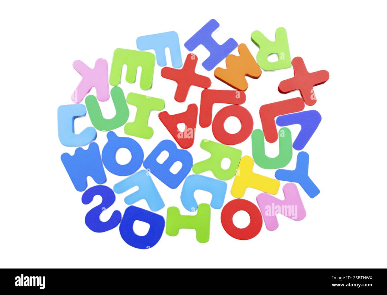 Colored wooden letters of the English alphabet on a white background ...
