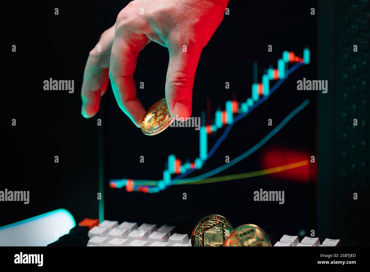hand hold bitcoin currency gold coin financial exchange market chart ...
