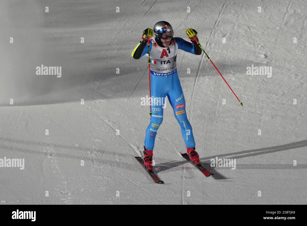 Italy's Alex Vinatzer celebrates winning the gold medal of the alpine ...