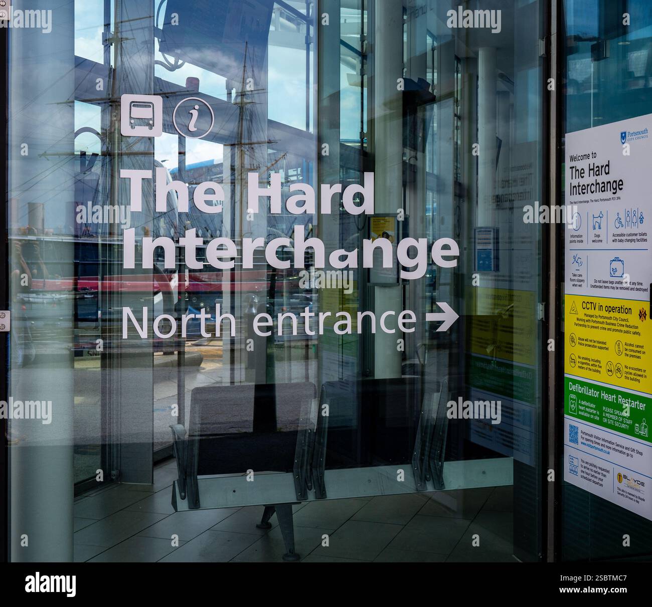 Glass wall with sign for The Hard Interchange, Portmouth harbour ...