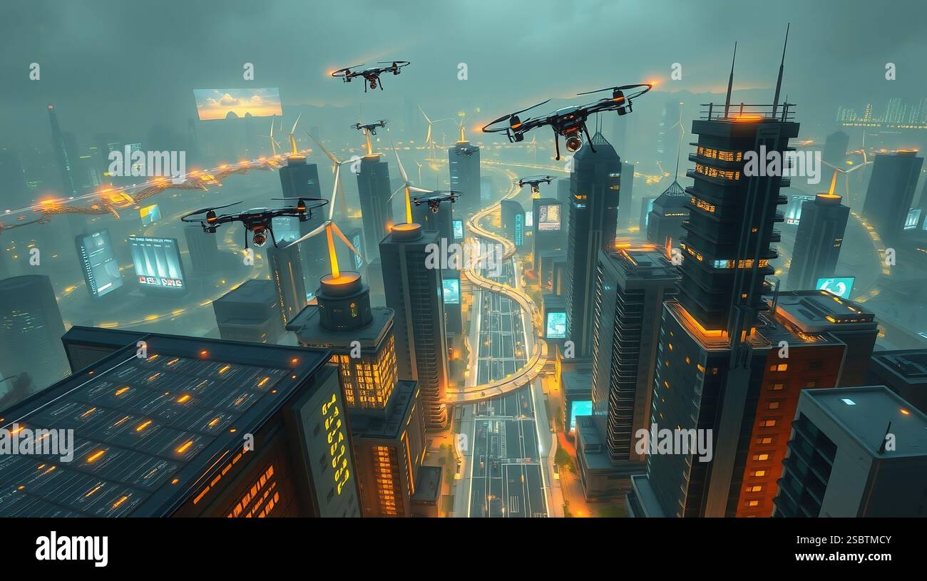 Futuristic cityscape with drones flying above illuminated skyscrapers ...