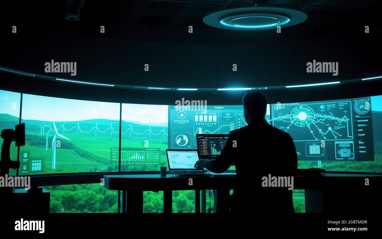 Futuristic control room with a silhouette of a man analyzing renewable ...
