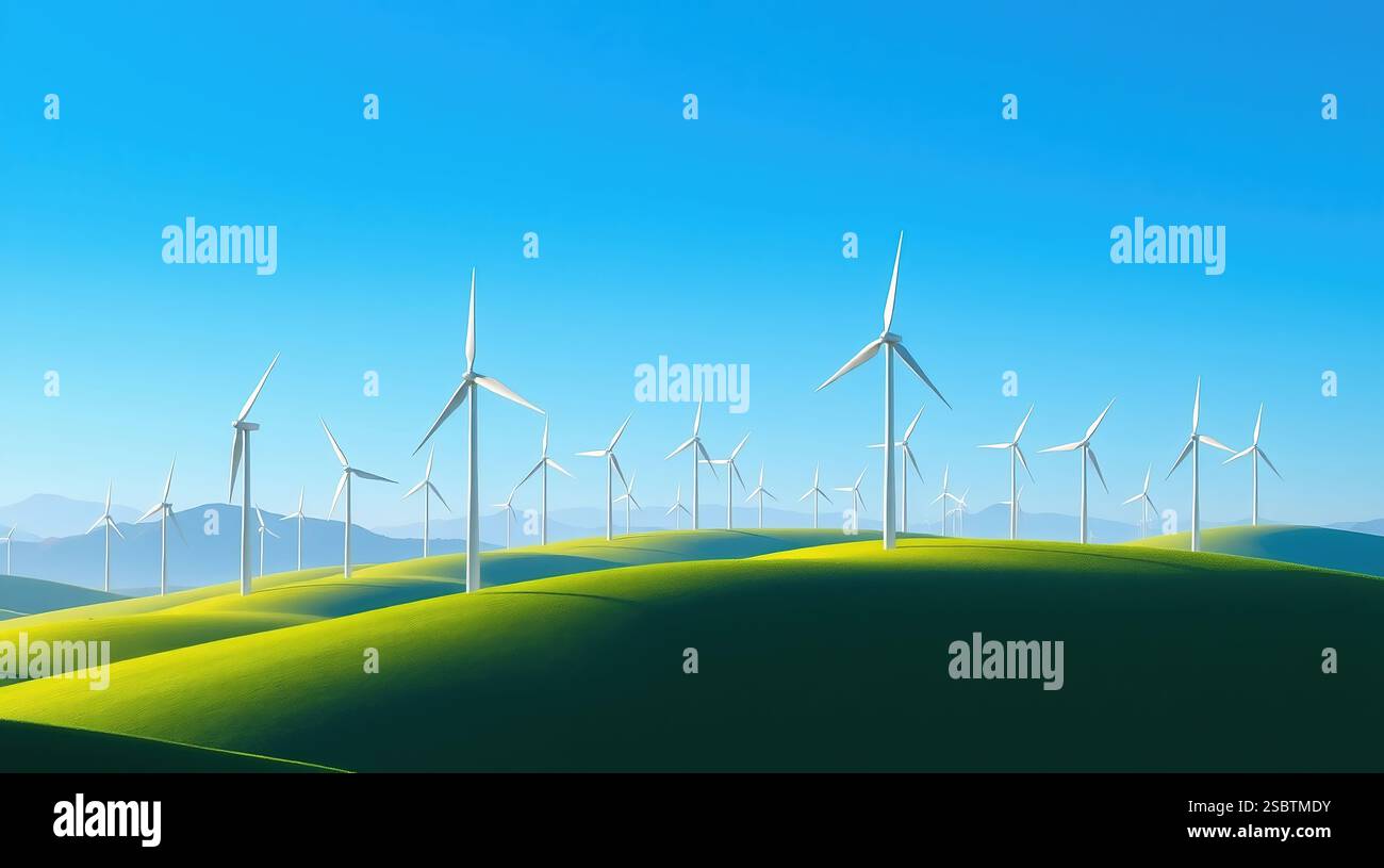 A scenic wind farm with multiple wind turbines on rolling green hills ...