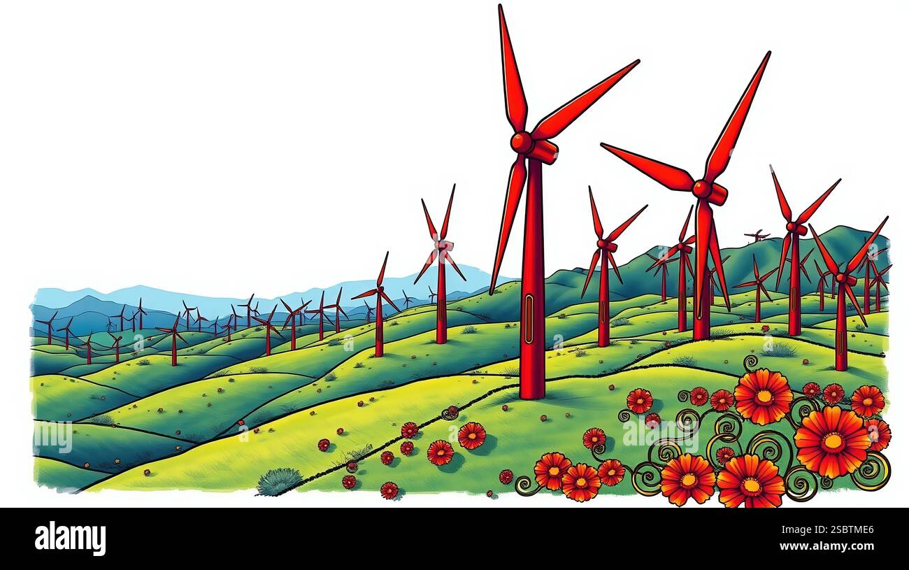 A scenic wind farm with multiple wind turbines on rolling green hills ...