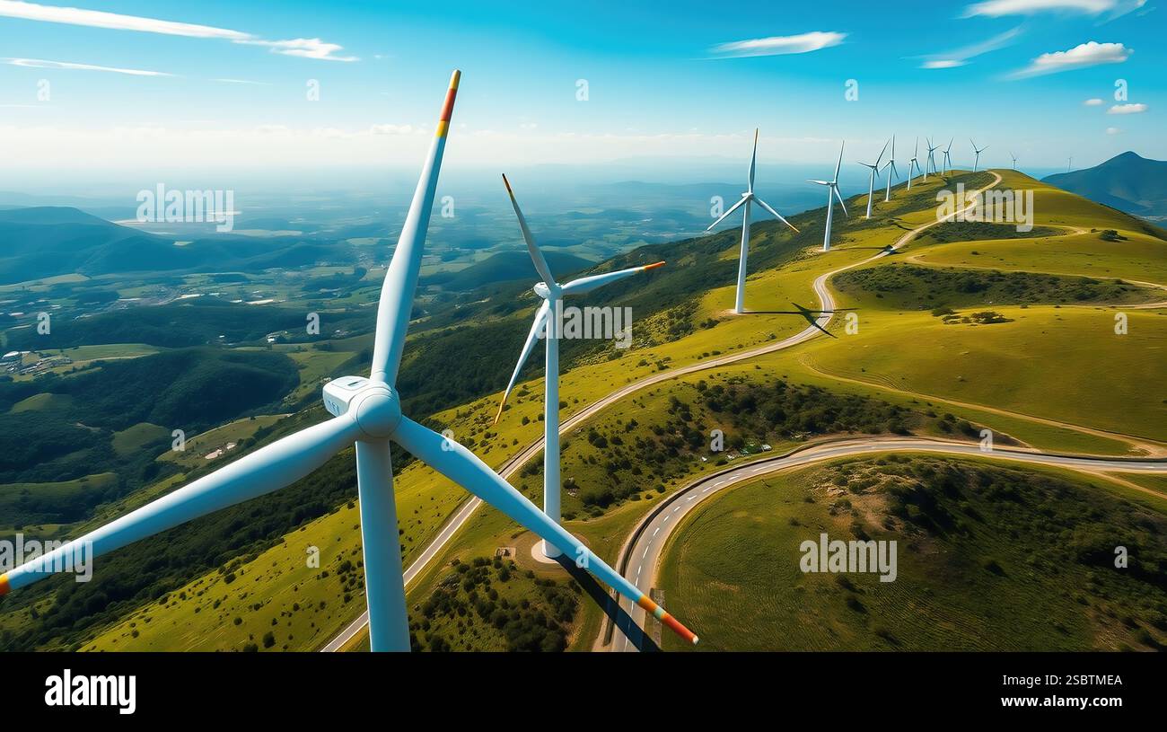 A scenic wind farm with multiple wind turbines on rolling green hills ...