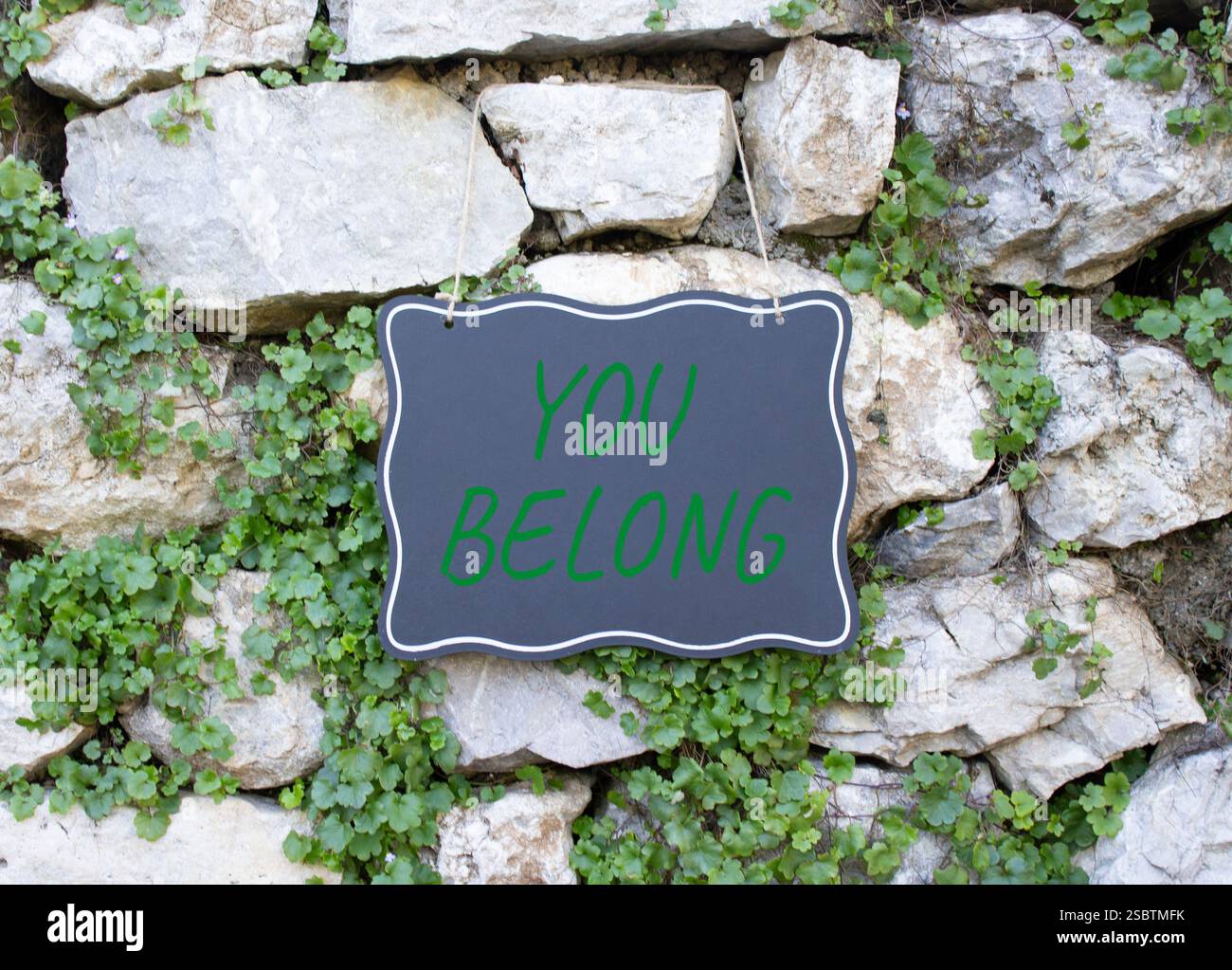 You belong symbol. Stone wall with words You belong. Beautiful stone ...