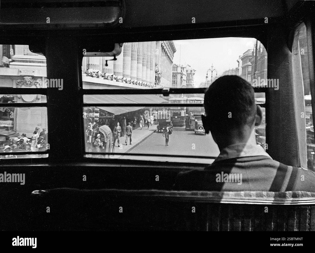 Interior, bus outside Selfridges, Oxford street, London,1940's Stock ...