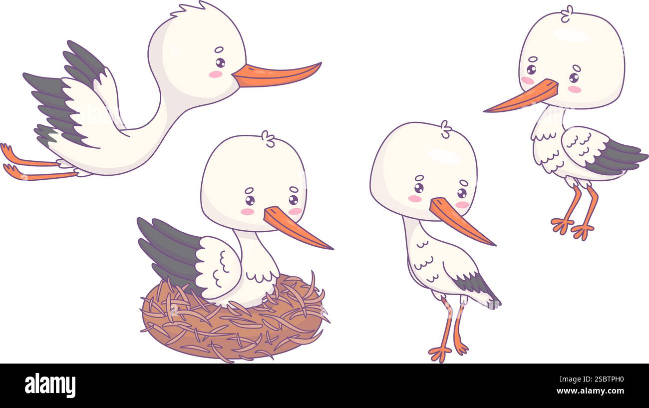 Cute white stork collection. Isolated funny cartoon kawaii bird ...