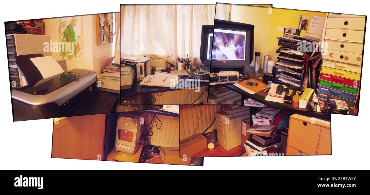 Photomontage of a very messy and chaotic workspace with computer ...