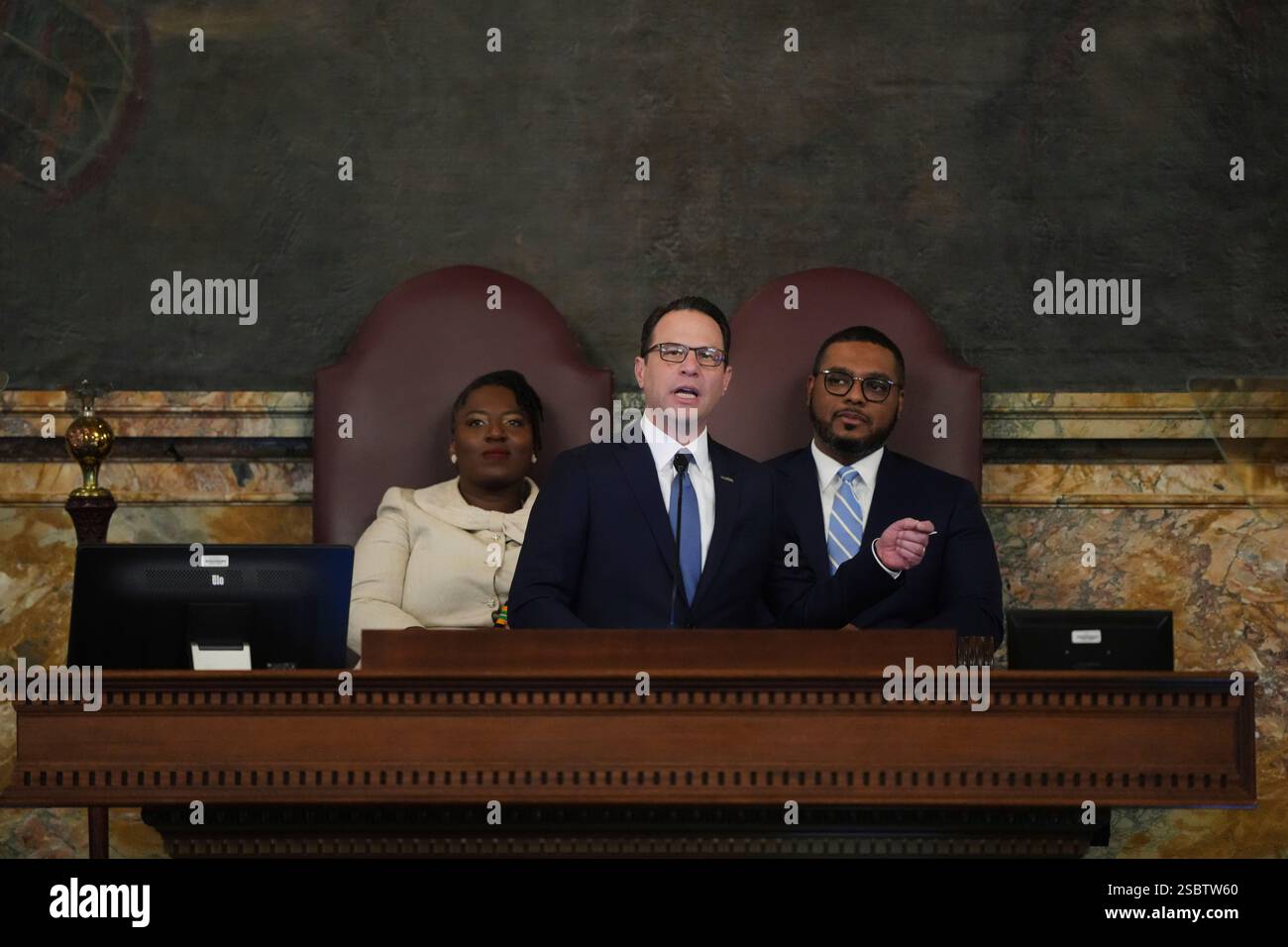 Pennsylvania Gov. Josh Shapiro, accompanied by state House Speaker ...