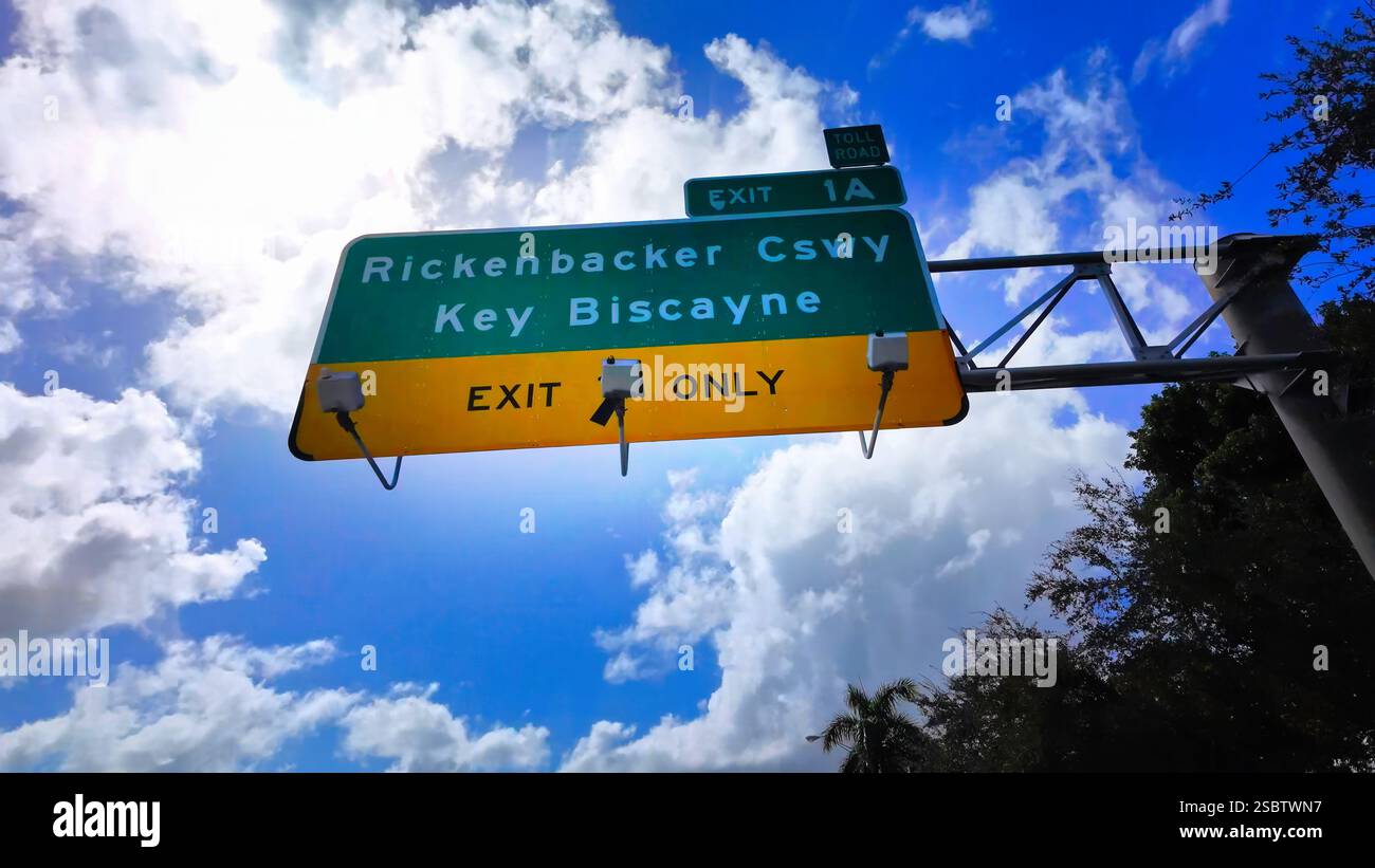 Highway with Green Exit Sign to Rickenbacker Causeway in Miami Stock ...