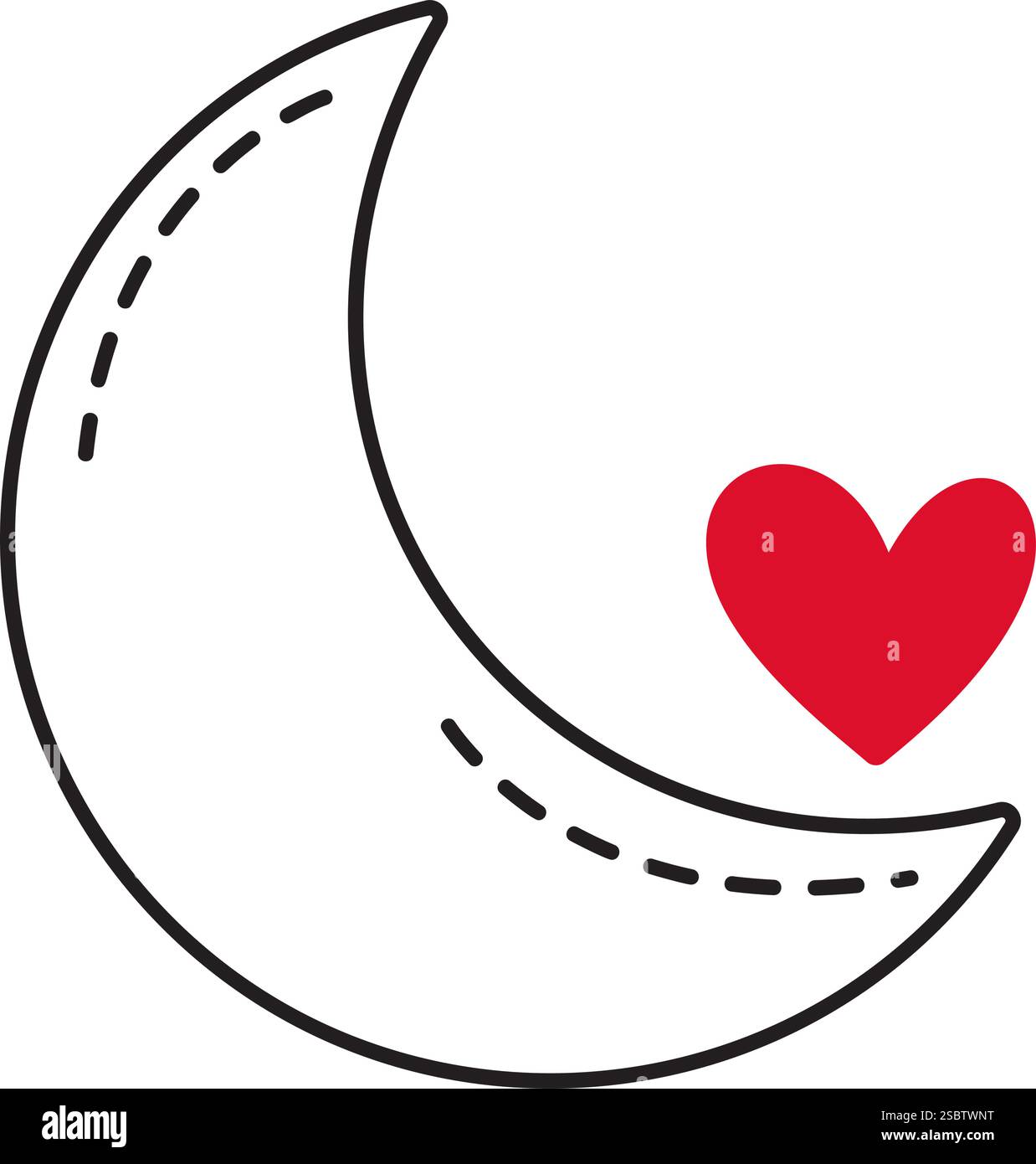 Crescent with red heart doodle style Hand drawn trendy flat style love ...