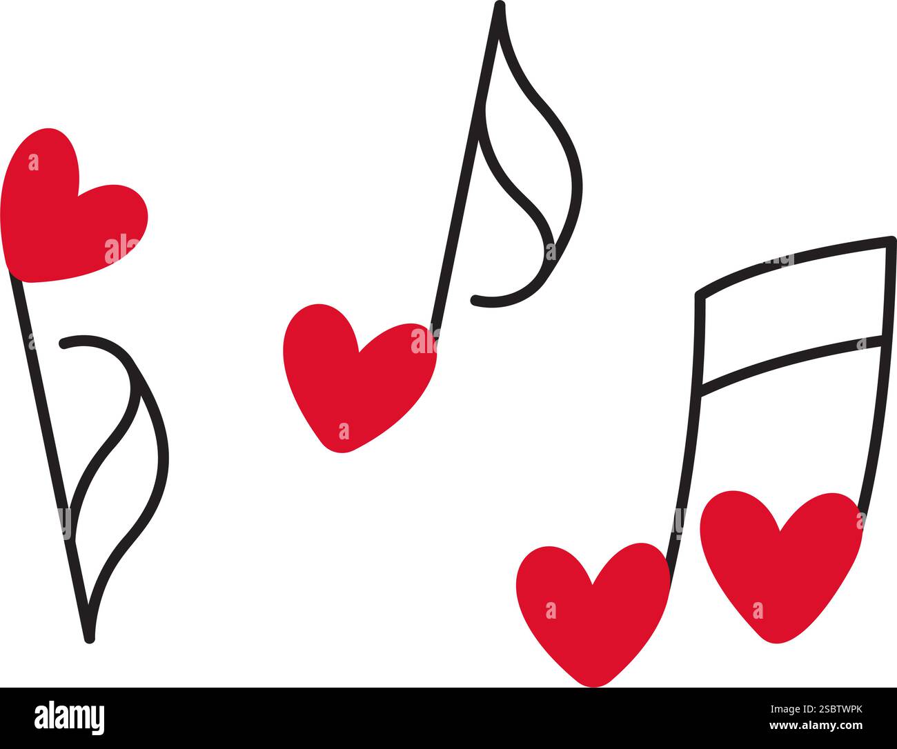 Red heart musical notes Love Music doodle style Hand drawn flat style ...