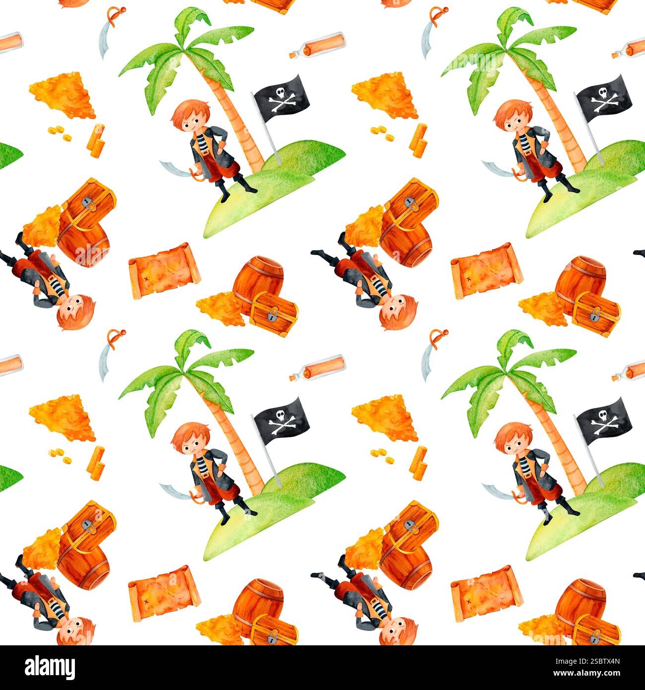 Pirate-themed pattern featuring a boy adventurer, treasure chest ...
