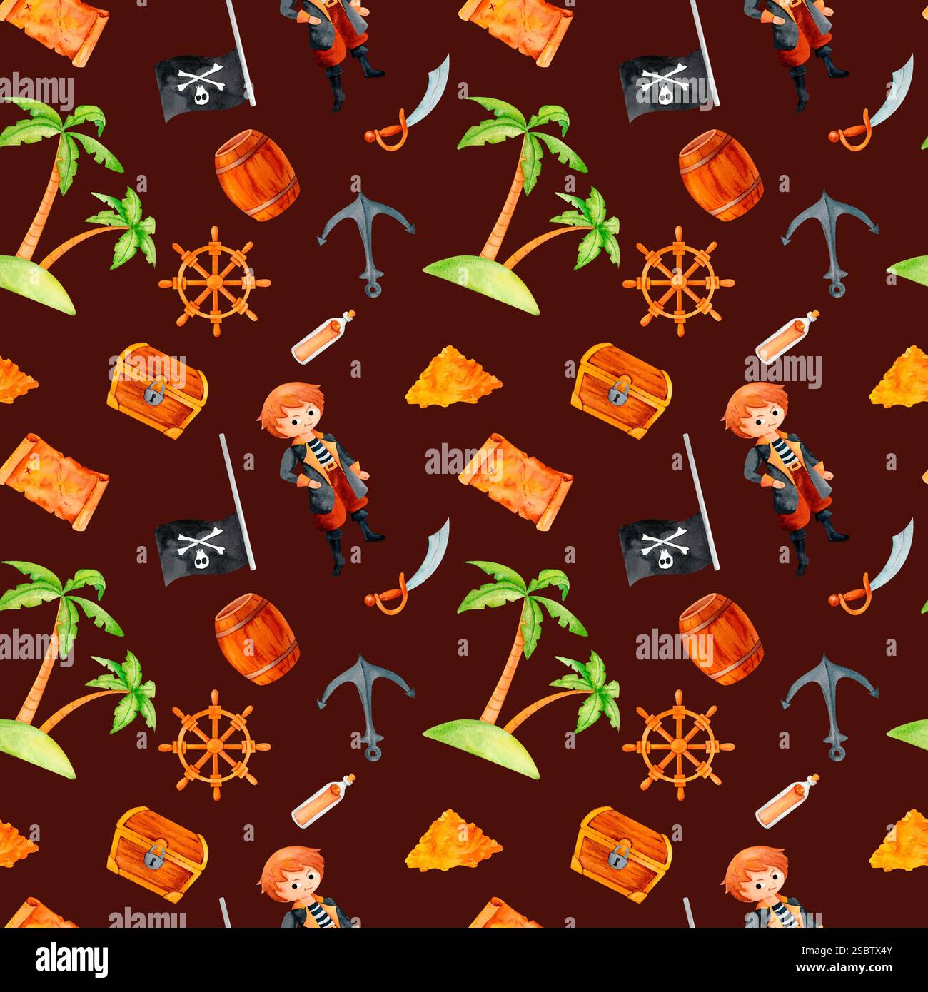 Pirate boy with sea treasures: a chest of gold, sturdy anchor, wooden ...