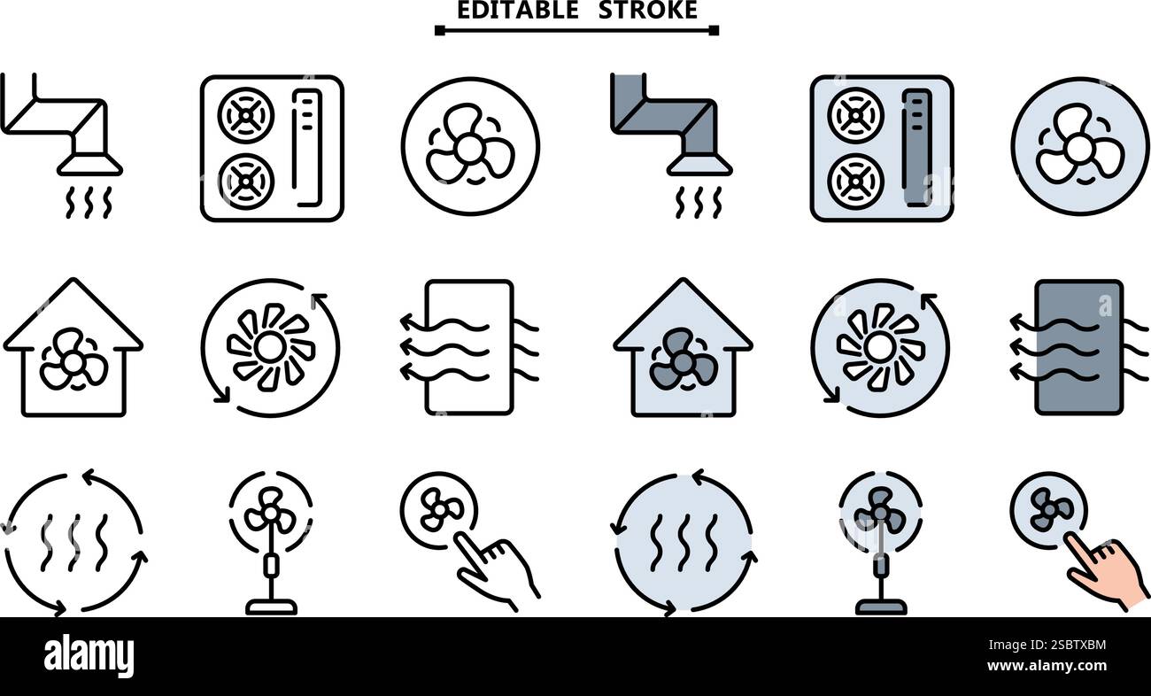Home ventilation system vector icons set. Editable stroke. Ventilation ...