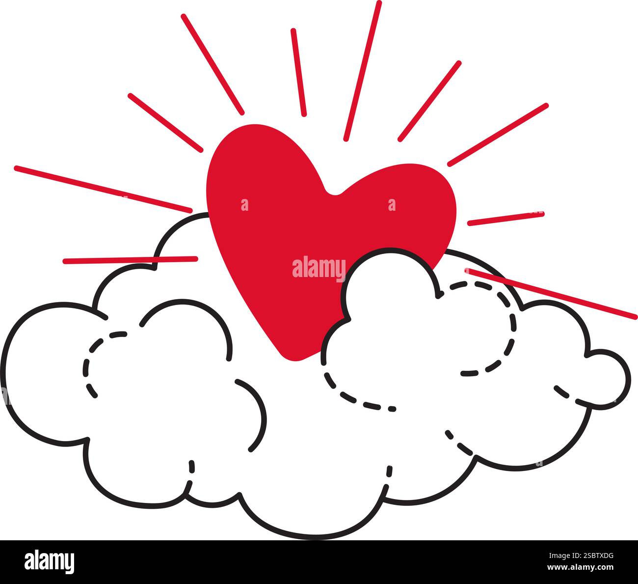Sparkling heart with rays on cloud doodle style Hand drawn flat style ...