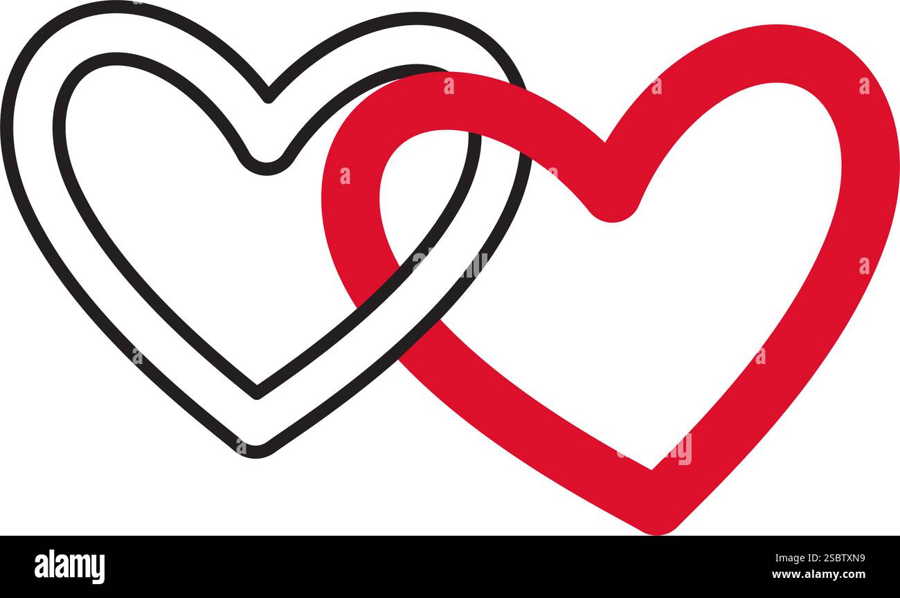 Two connected hearts doodle style Hand drawn trendy flat style love ...