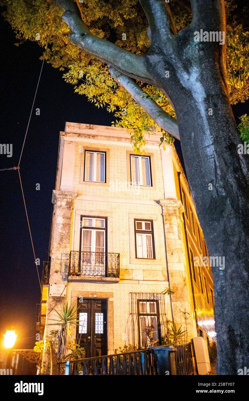 Building at night of the Alfama district in Lisbon capital of Portugal ...
