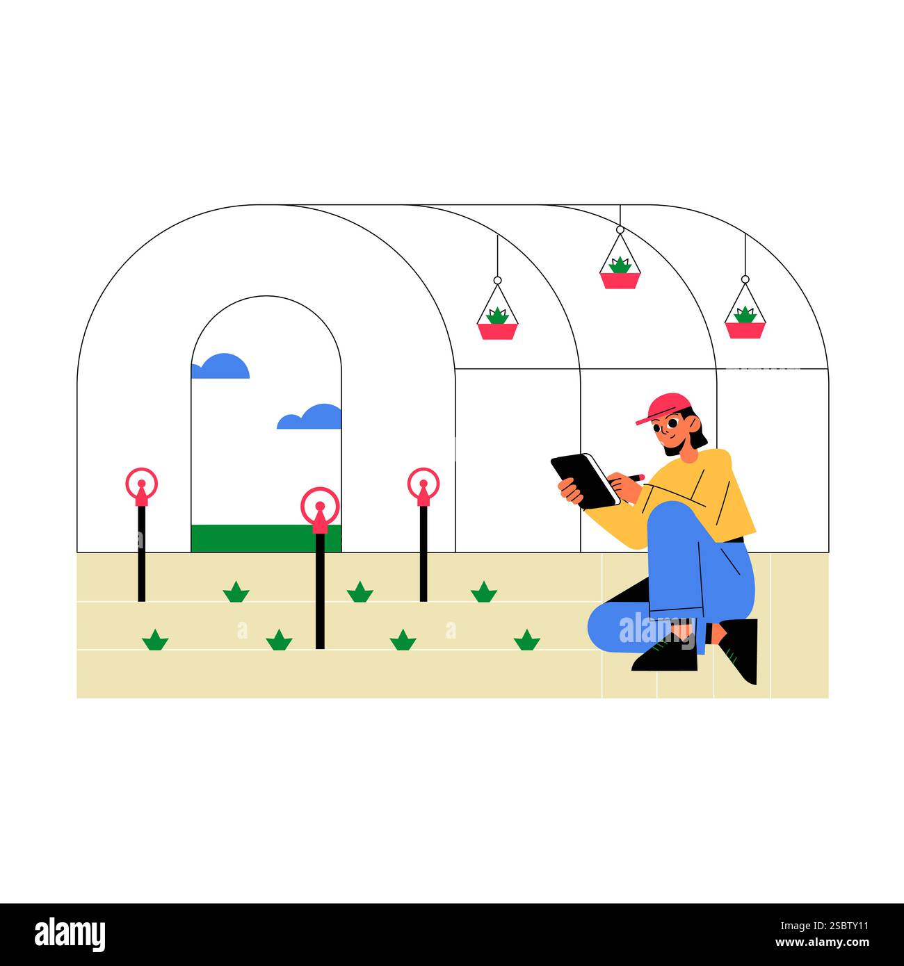 Female Agronomist Using Tablet For Greenhouse Monitoring, Flat Vector ...