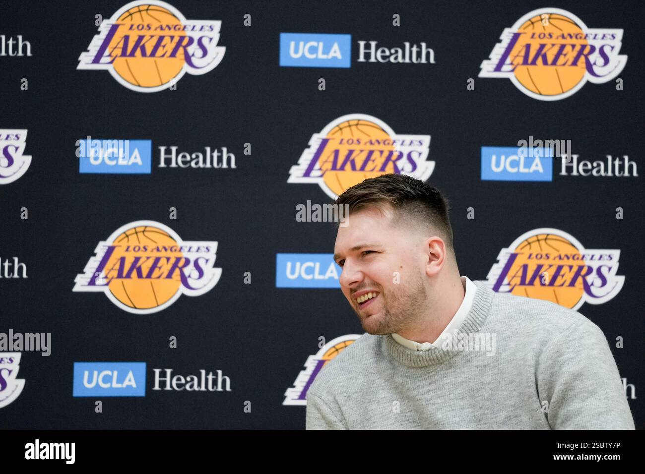 Los Angeles Lakers' Luka Doncic fields questions during an introductory ...