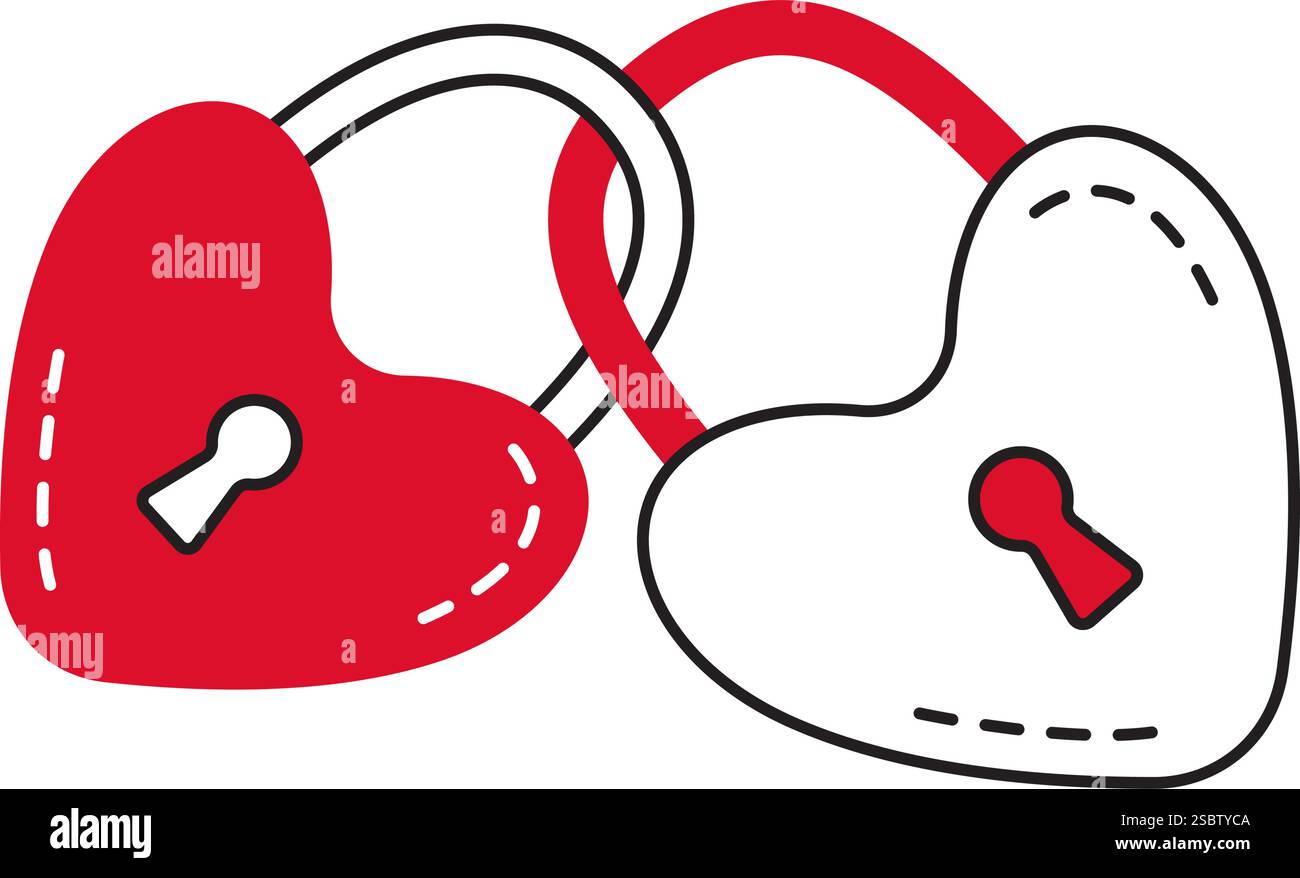 Heart shaped padlocks doodle style Hand drawn trendy flat style love ...
