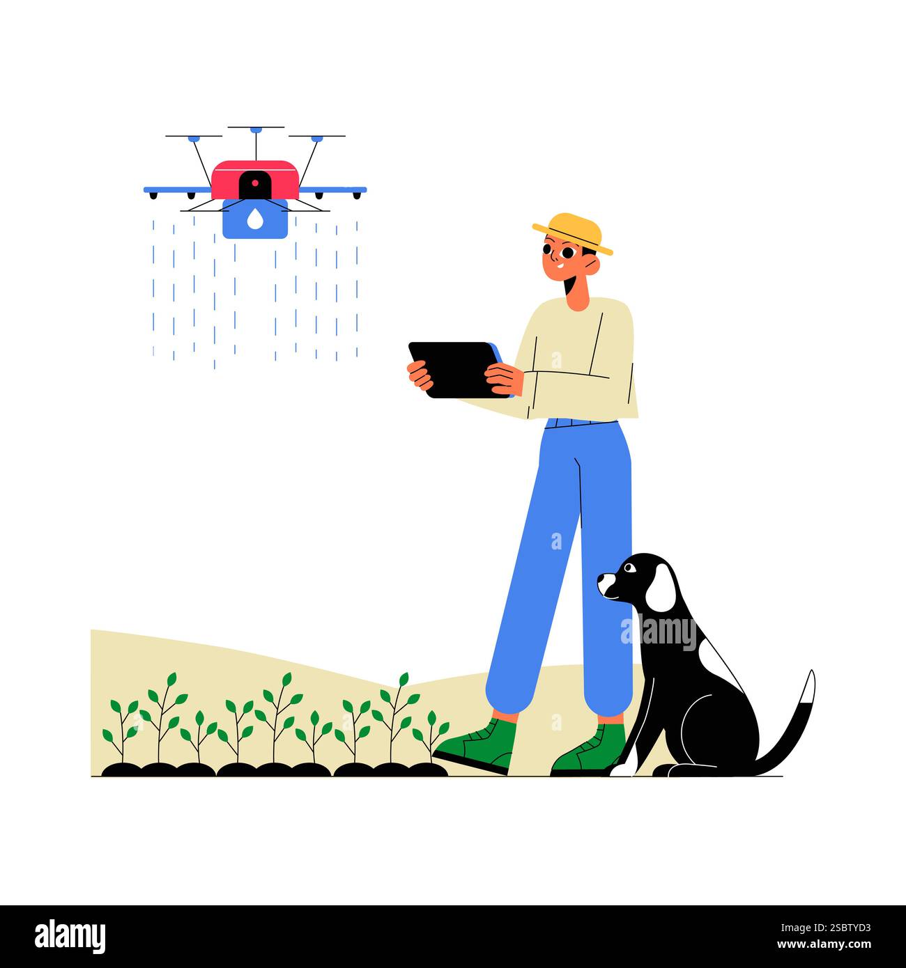 Farmer Operating Drone Sprinkler In Flat Vector Illustration ...