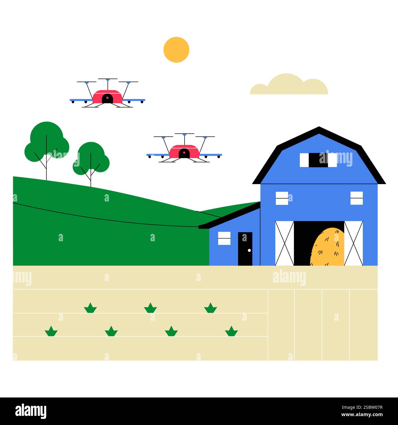 Automated Farming With Drones In Flat Vector Illustration Symbolizing ...