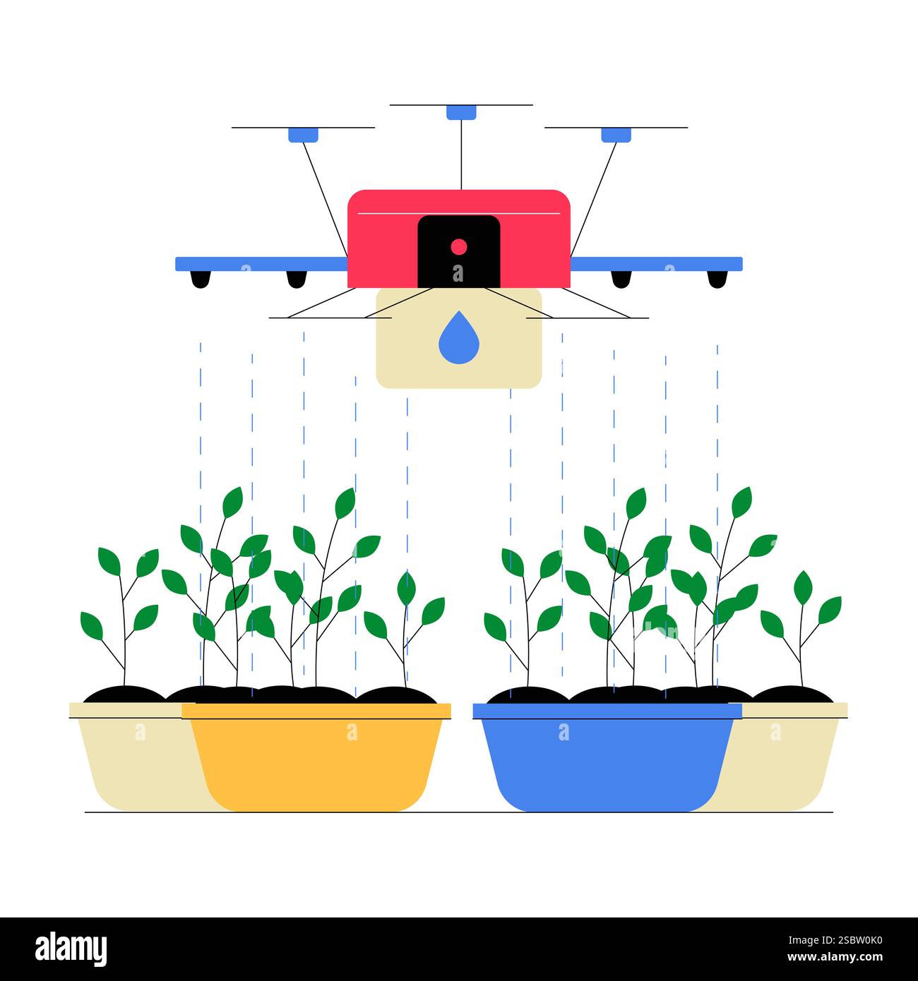 Agricultural Drone Watering Plants In Flat Vector Illustration ...