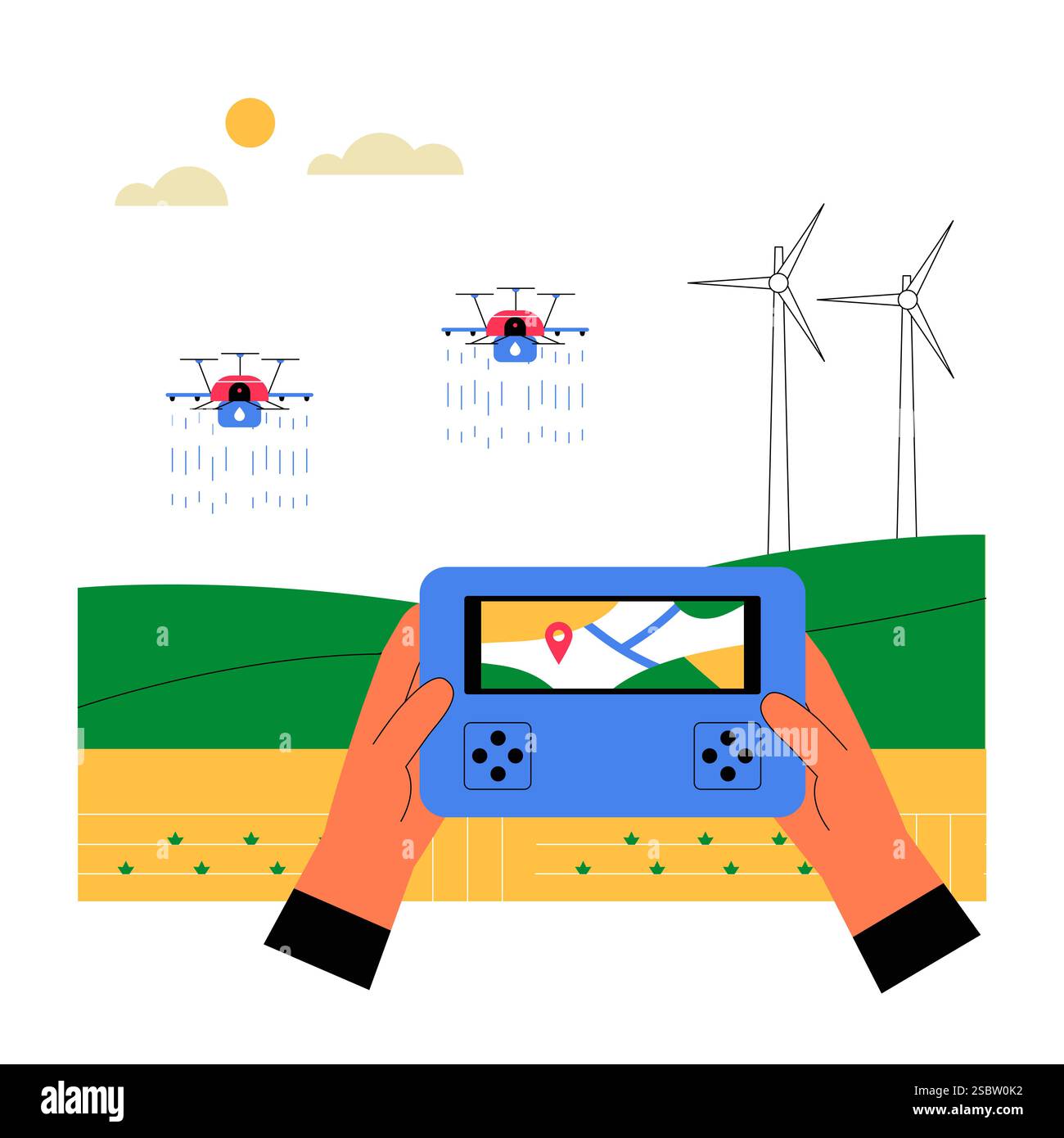 Smart Agriculture Drones Spraying Fields In Flat Vector Illustration ...
