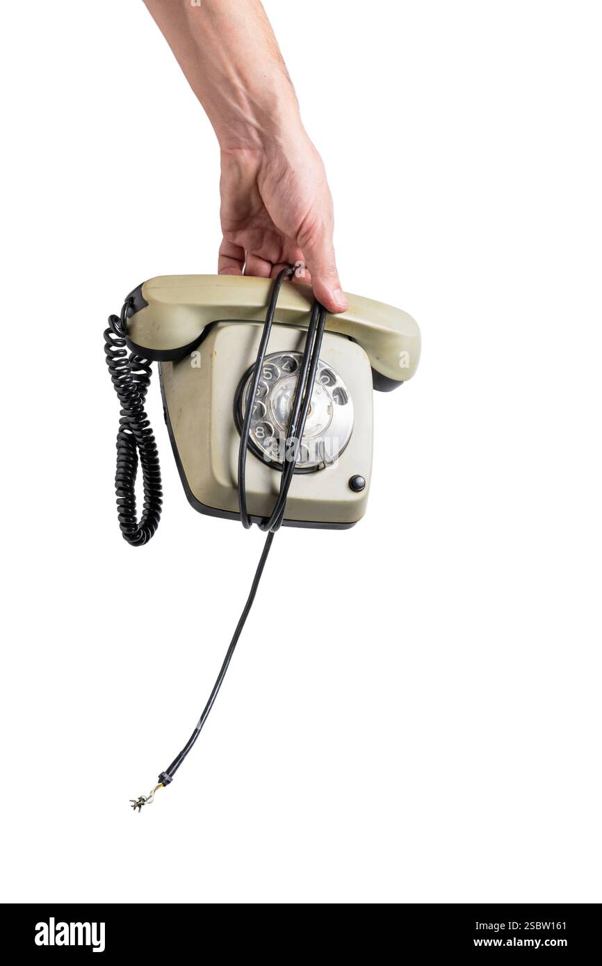 Retro telephone in hand isolated on white background Stock Photo - Alamy