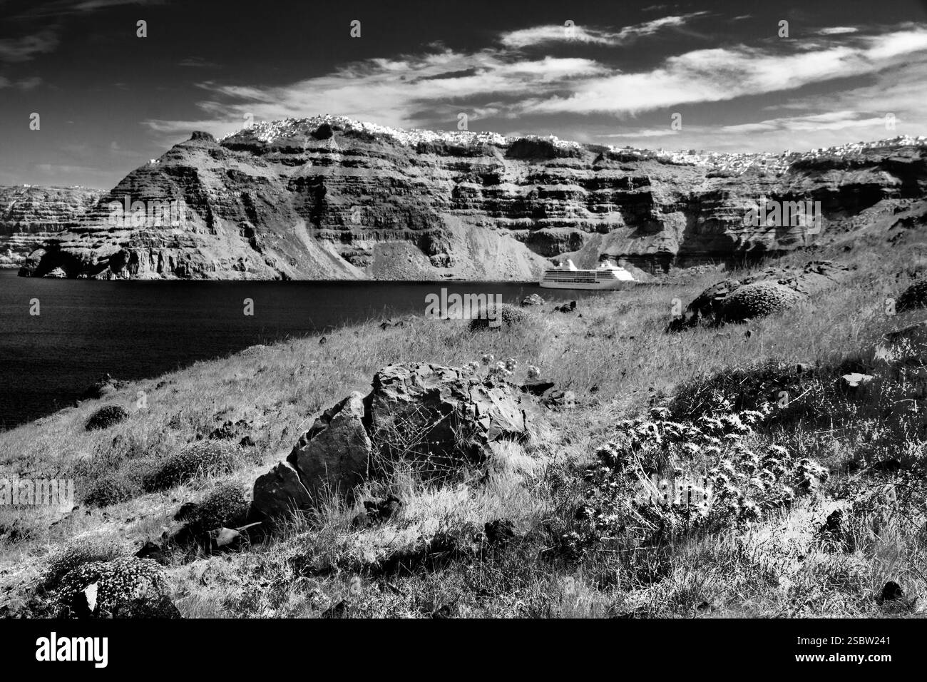 Santorini, from Nea Kameni, where iconic whitewashed houses and blue ...