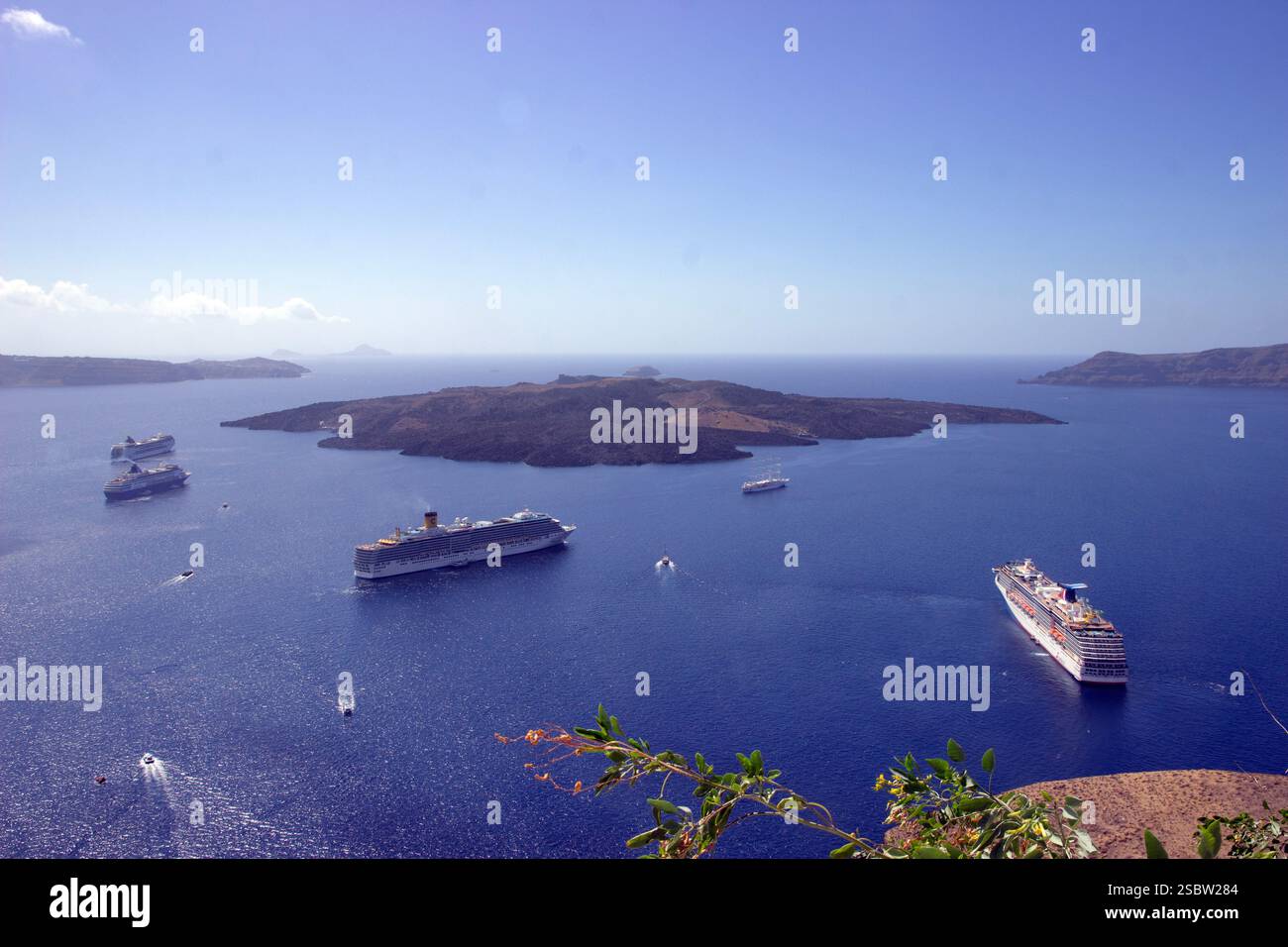 Uninhabited volcanic island of Nea Kameni in the underwater caldera ...