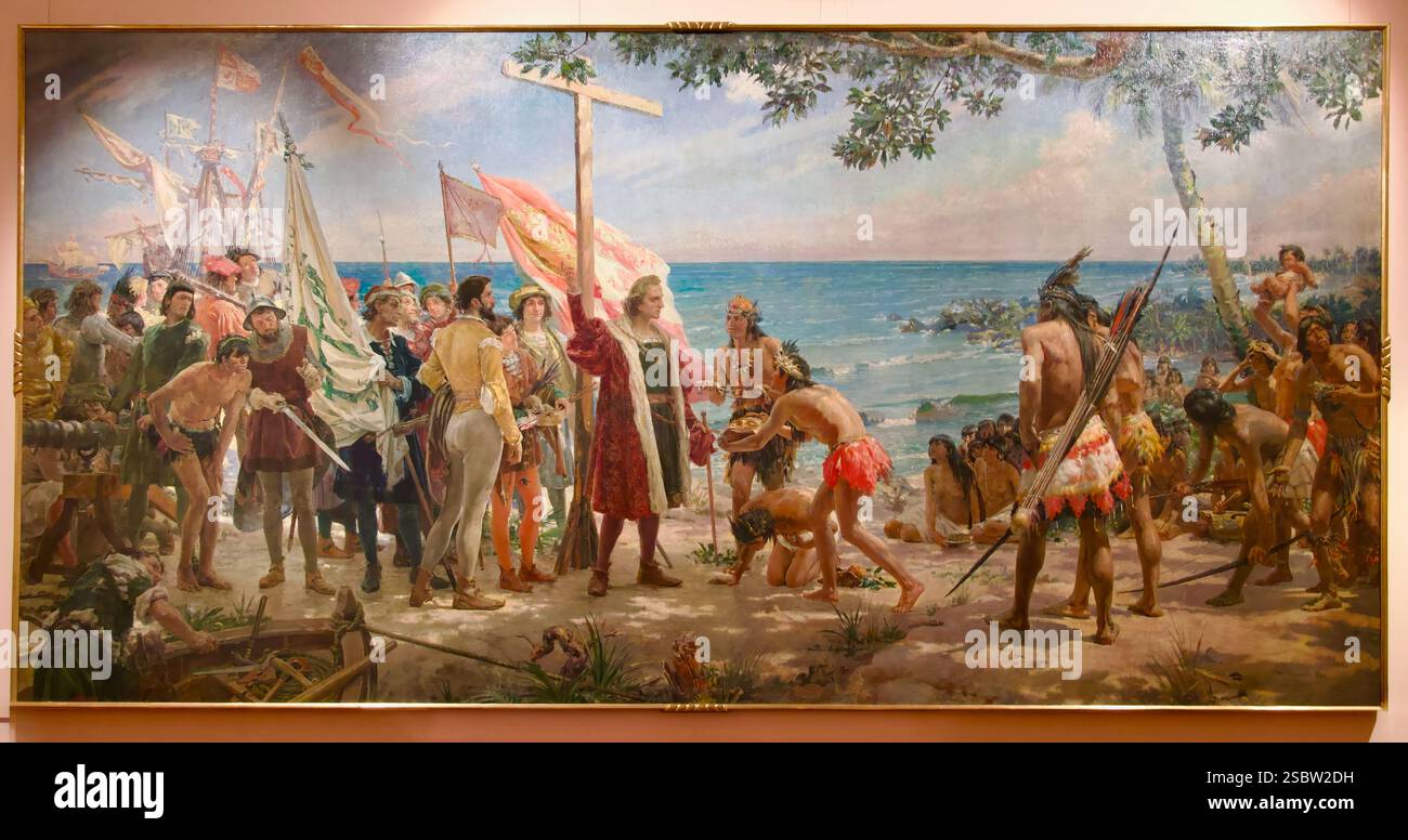 Oil on canvas painting The disembarkation of Christopher Colombus on the Island of Guanahani in ...