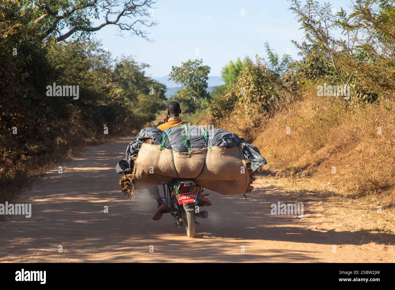 Rear view of a very heavily loaded motorcycle carrying a large load of ...