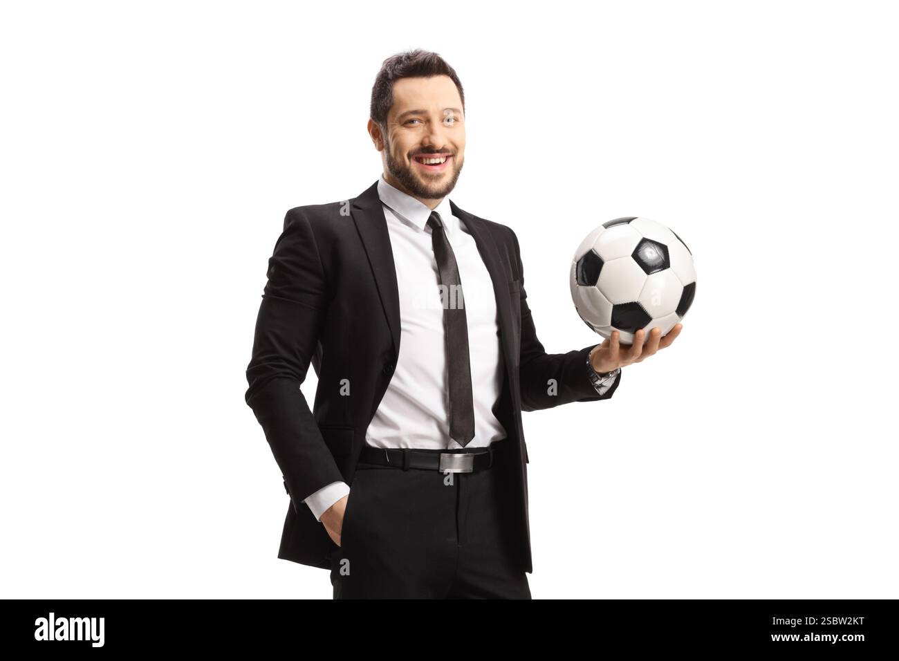 Football manager holding a ball and smiling isolated on white ...