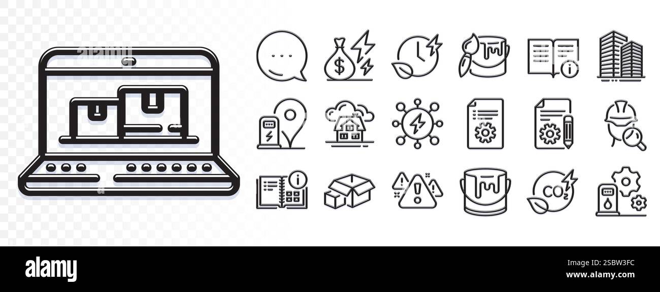 Power, Co2 gas and Web inventory line icons for web app. Pictogram icon. Glare of light icons ...