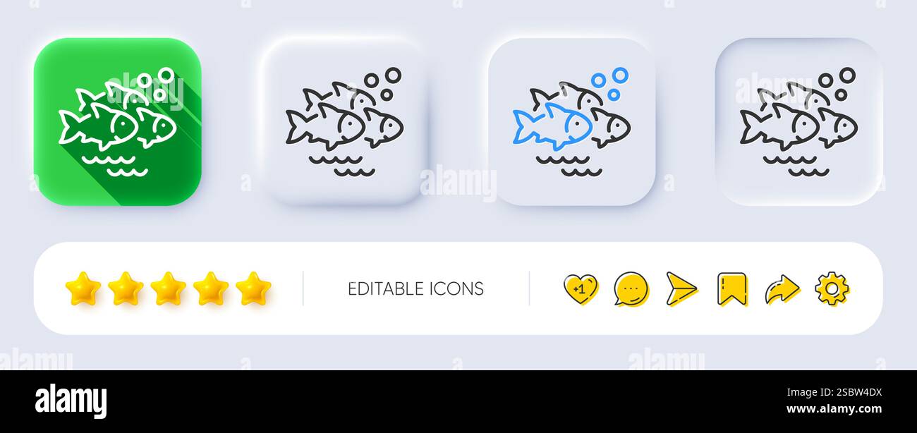 Fish school line icon. Shoal of gill-bearing animals sign. Neumorphic ...
