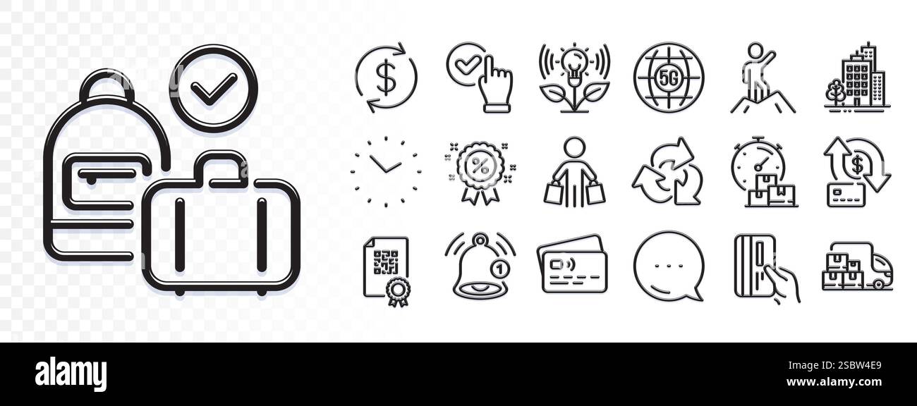 Buyer, Reminder and Carry-on baggage line icons for web app. Pictogram icon. Glare of light ...